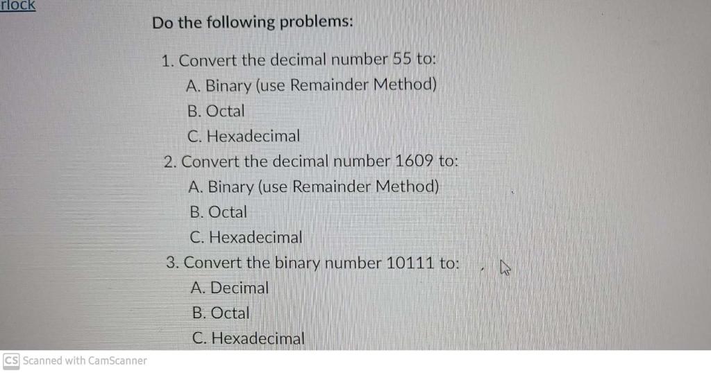 Solved Rlock Do The Following Problems 1 Convert The 