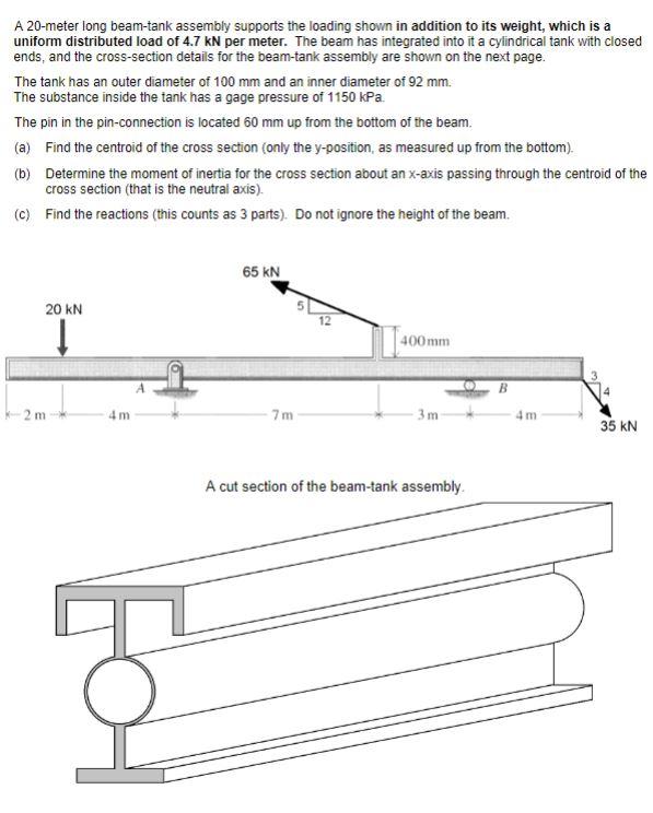 Solved A 20-meter long beam-tank assembly supports the | Chegg.com