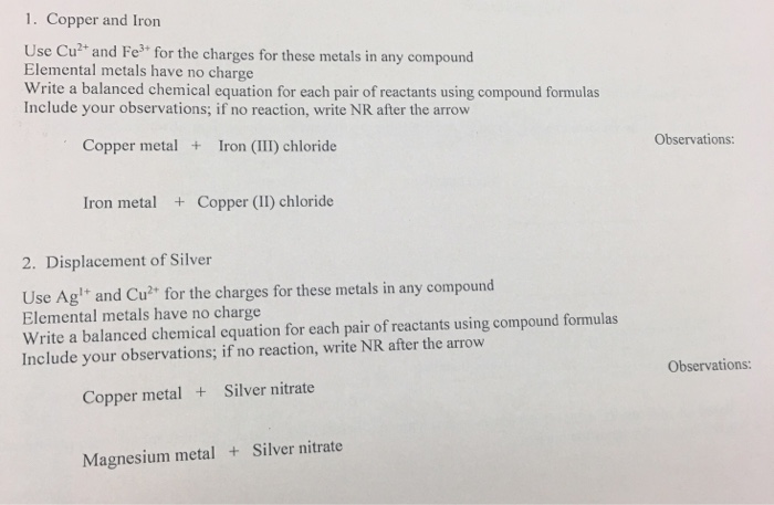 Solved 1. Copper and Iron Use Cu* and Fe* for the charges | Chegg.com