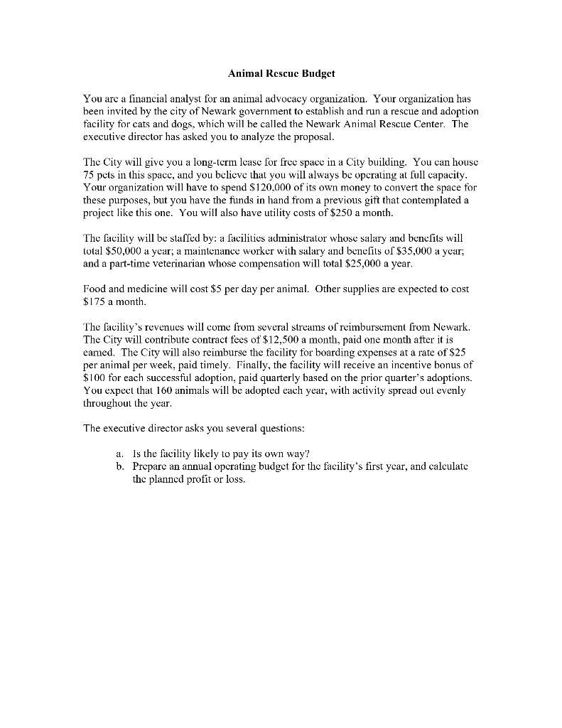 Animal Rescue Budget You are a financial analyst for | Chegg.com