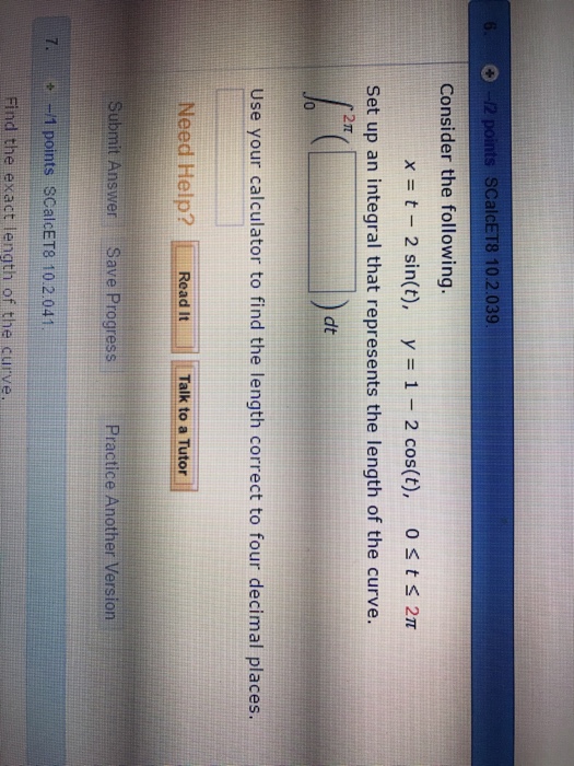 Solved Consider the following. x = t - 2 sin(t), y = 1 -2 | Chegg.com