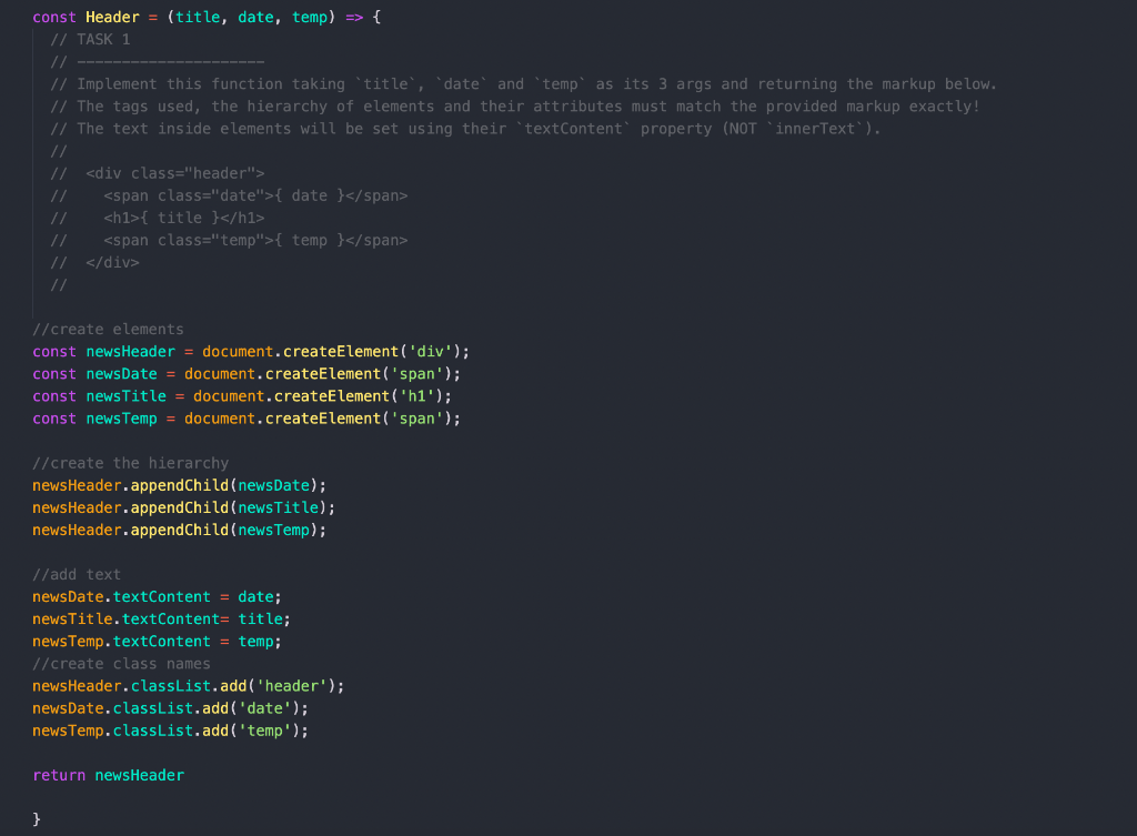 Solved const Header = (title, date, temp) => { // TASK 1 // | Chegg.com