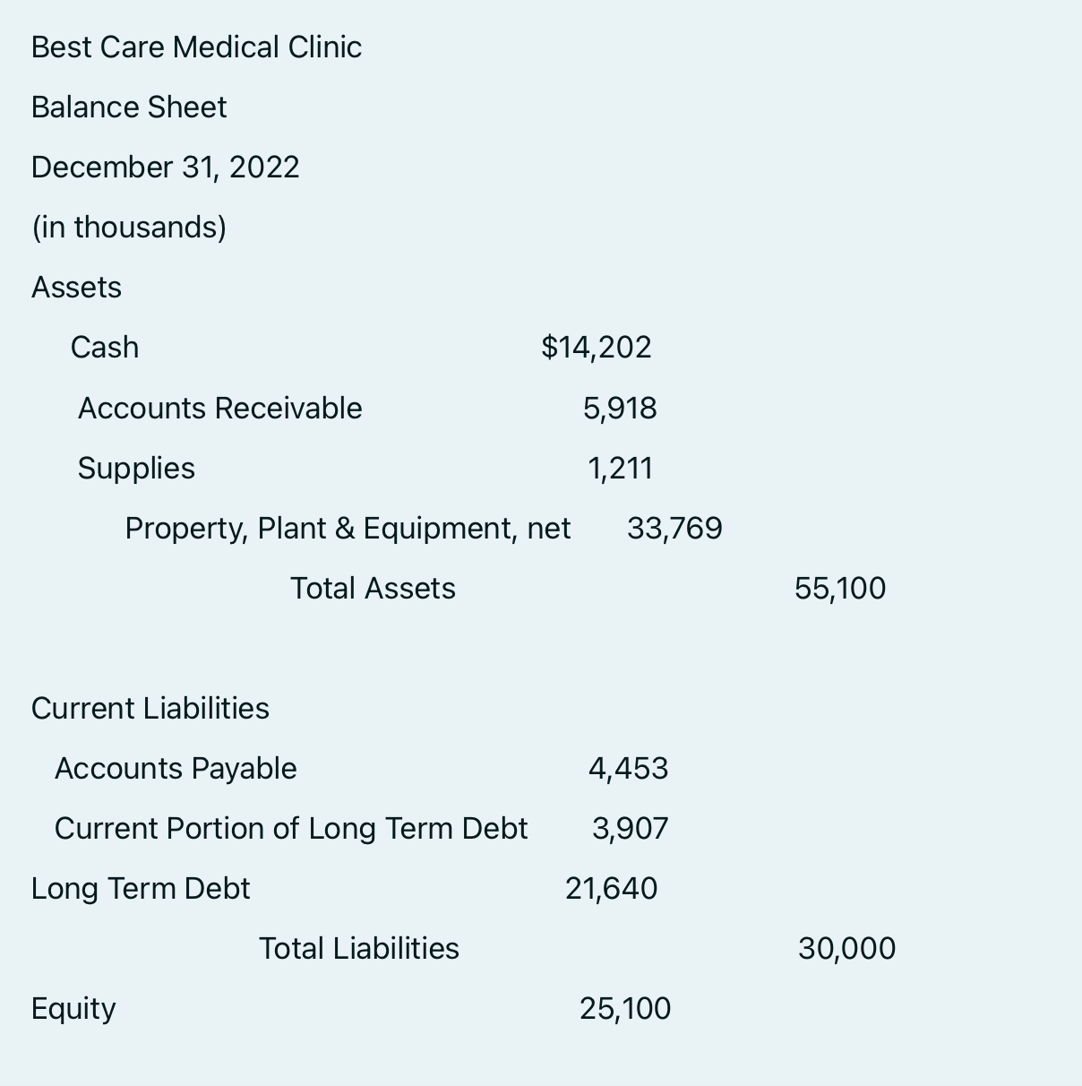 Solved Best Care Medical Clinic Balance Sheet December 31, | Chegg.com