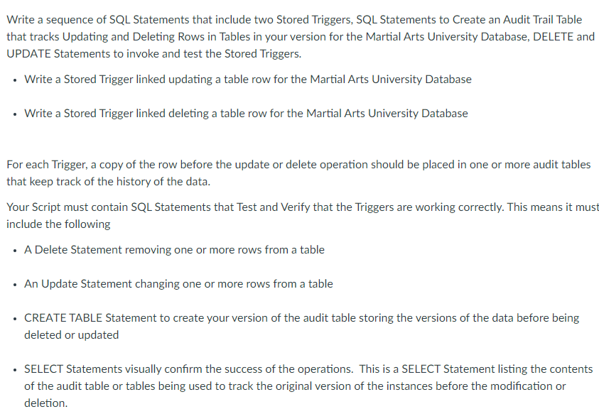 Solved Stored Trigger Statements for Martial Arts | Chegg.com