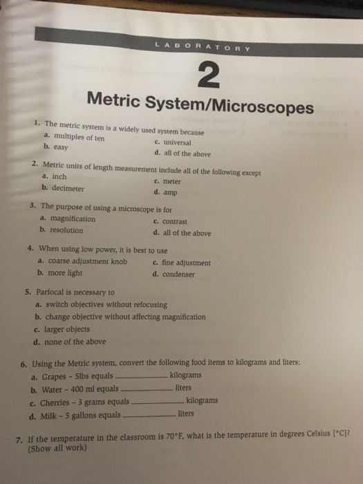 Solved LABORATOR Y 2 Metric System/Microscopes 1. The metric | Chegg.com