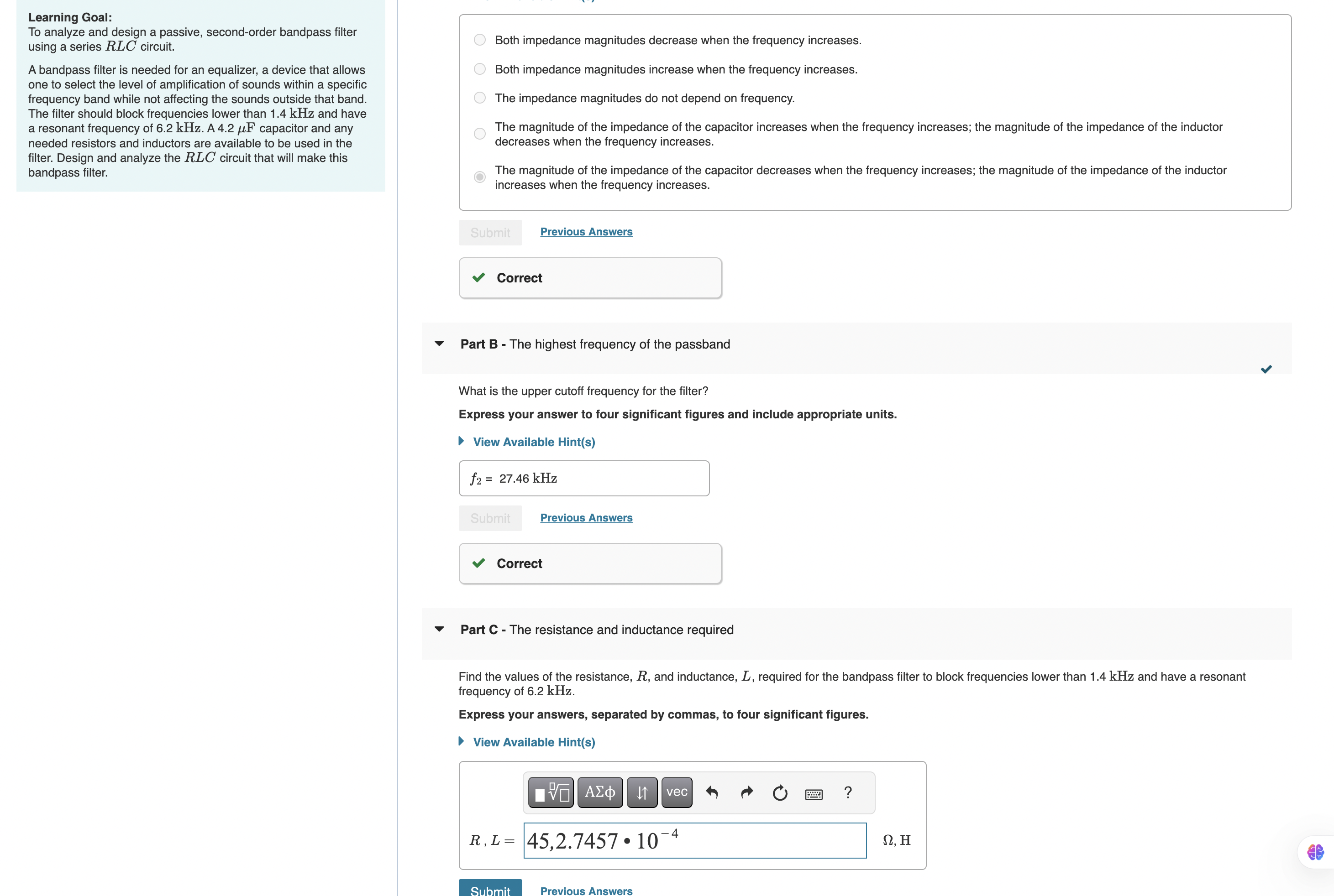 Solved Learning Goal: To analyze and design a passive, | Chegg.com