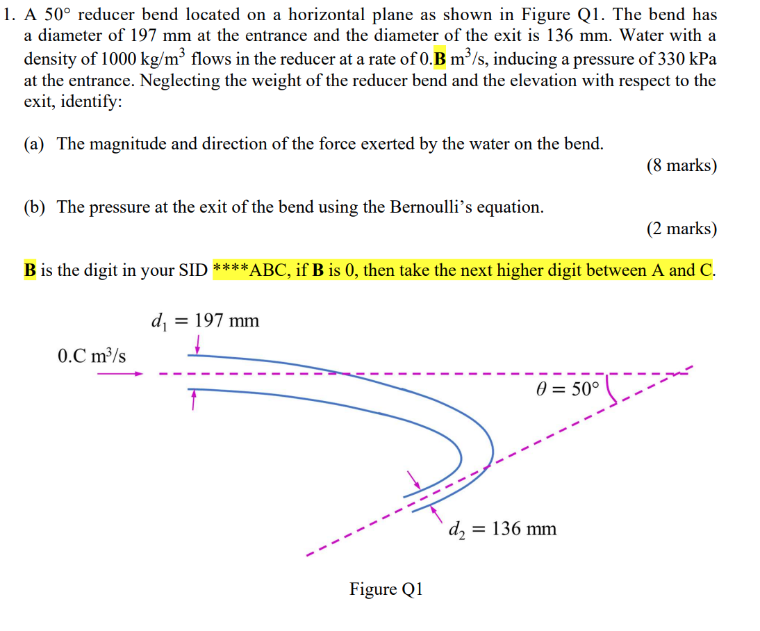 Solved 1. A 50° reducer bend located on a horizontal plane | Chegg.com