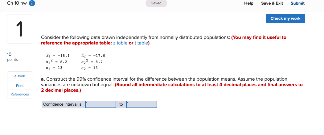 Solved Ch 10 hw i Saved Help Save & Exit Submit Check my | Chegg.com