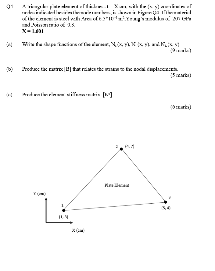 Solved Q4 A triangular plate element of thickness t= X cm, | Chegg.com