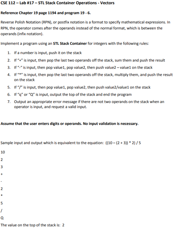 Solved CSE 112-Lab #17-STL Stack Container | Chegg.com