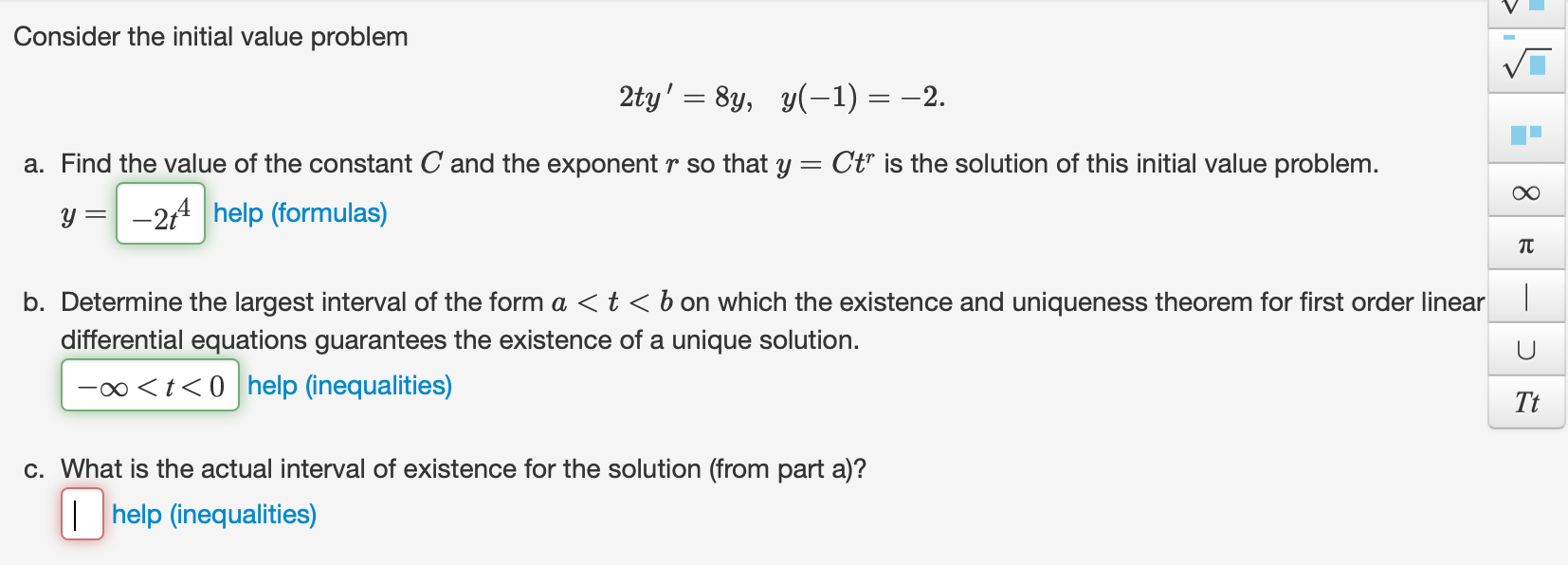 Solved Consider the initial value problem 2ty' = 8y, y(-1) = | Chegg.com