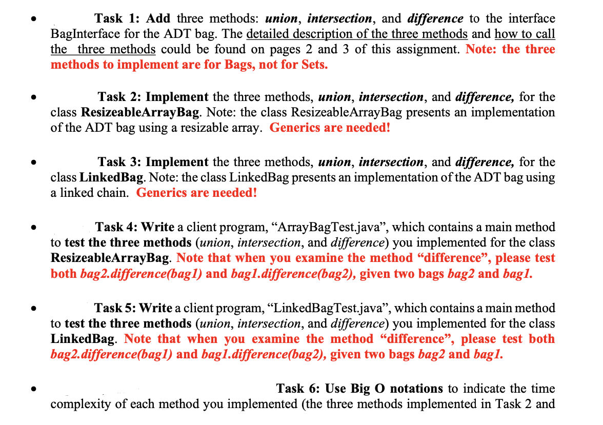 Solved Task 1: Add three methods: union, intersection, and | Chegg.com