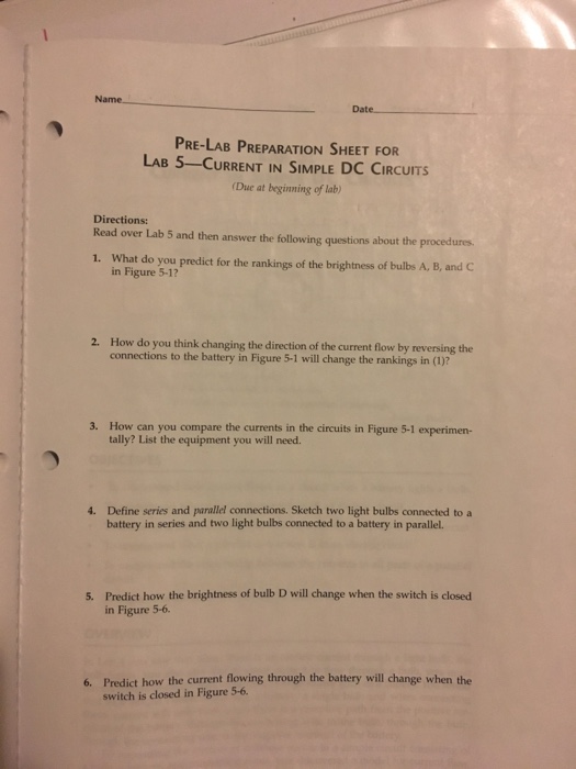Date PRE-LAB PREPARATION SHEET FOR LAB 5-CURRENT IN | Chegg.com