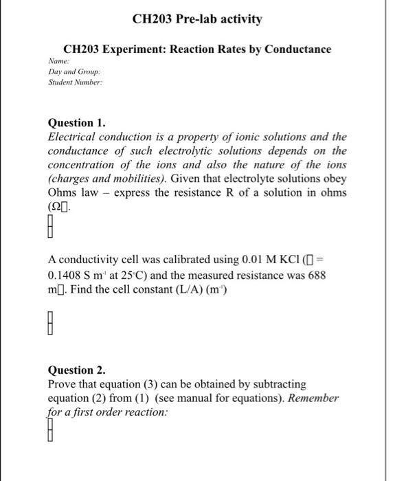 Solved CH203 Pre-lab activity CH203 Experiment: Reaction | Chegg.com