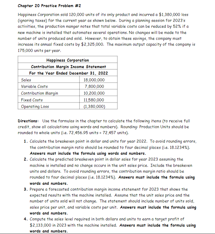 Solved Chapter 20 Practice Problem \#2 Happiness Corporation | Chegg.com