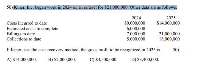 Solved 50) Kiner, Inc. began work in 2024 on a contract for | Chegg.com