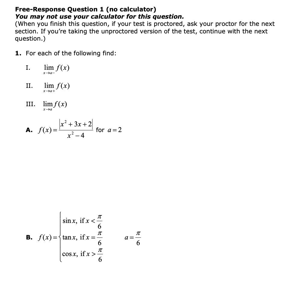 Solved Free-Response Question 1 (no calculator) You may not | Chegg.com