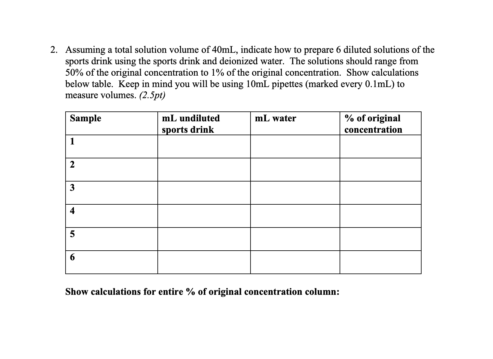 Solved Assuming a total solution volume of 40mL, indicate | Chegg.com