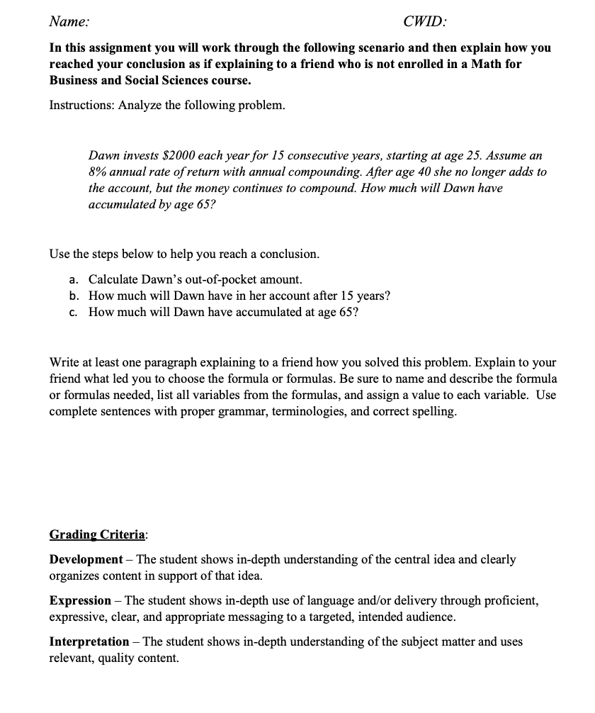 Solved Name: CWID: In this assignment you will work through | Chegg.com