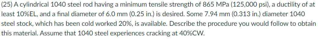 Solved (25) A cylindrical 1040 steel rod having a minimum | Chegg.com