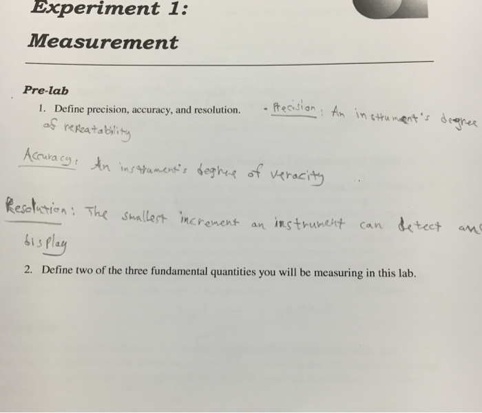Solved Experiment 1: Measurement Pre-lab I. Define | Chegg.com