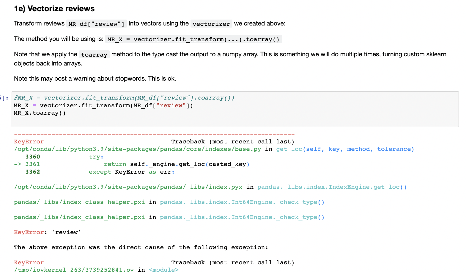 Solved 1e) Vectorize reviews Transform reviews MR_df | Chegg.com