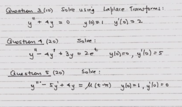 Solved Question 3 (10) Solve using Laplace Transforms: y" + | Chegg.com