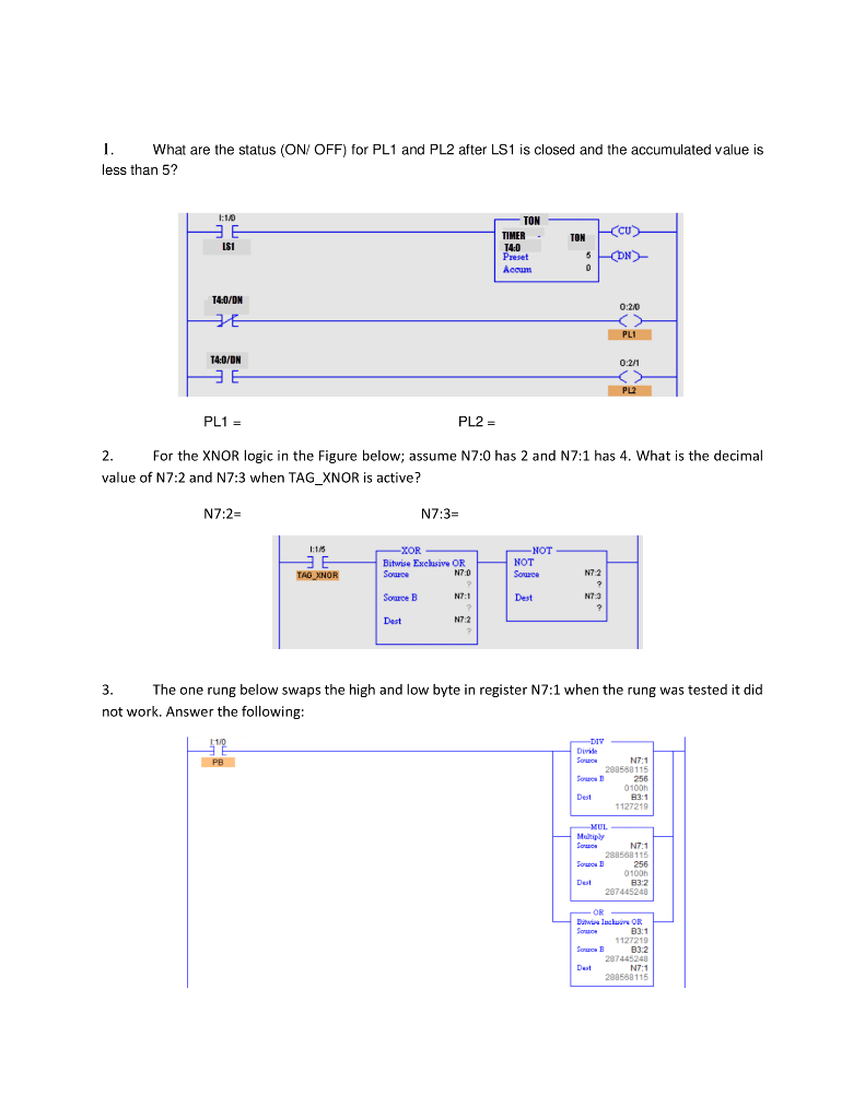 Solved . 1. What are the status (ON/OFF) for PL1 and PL2 | Chegg.com