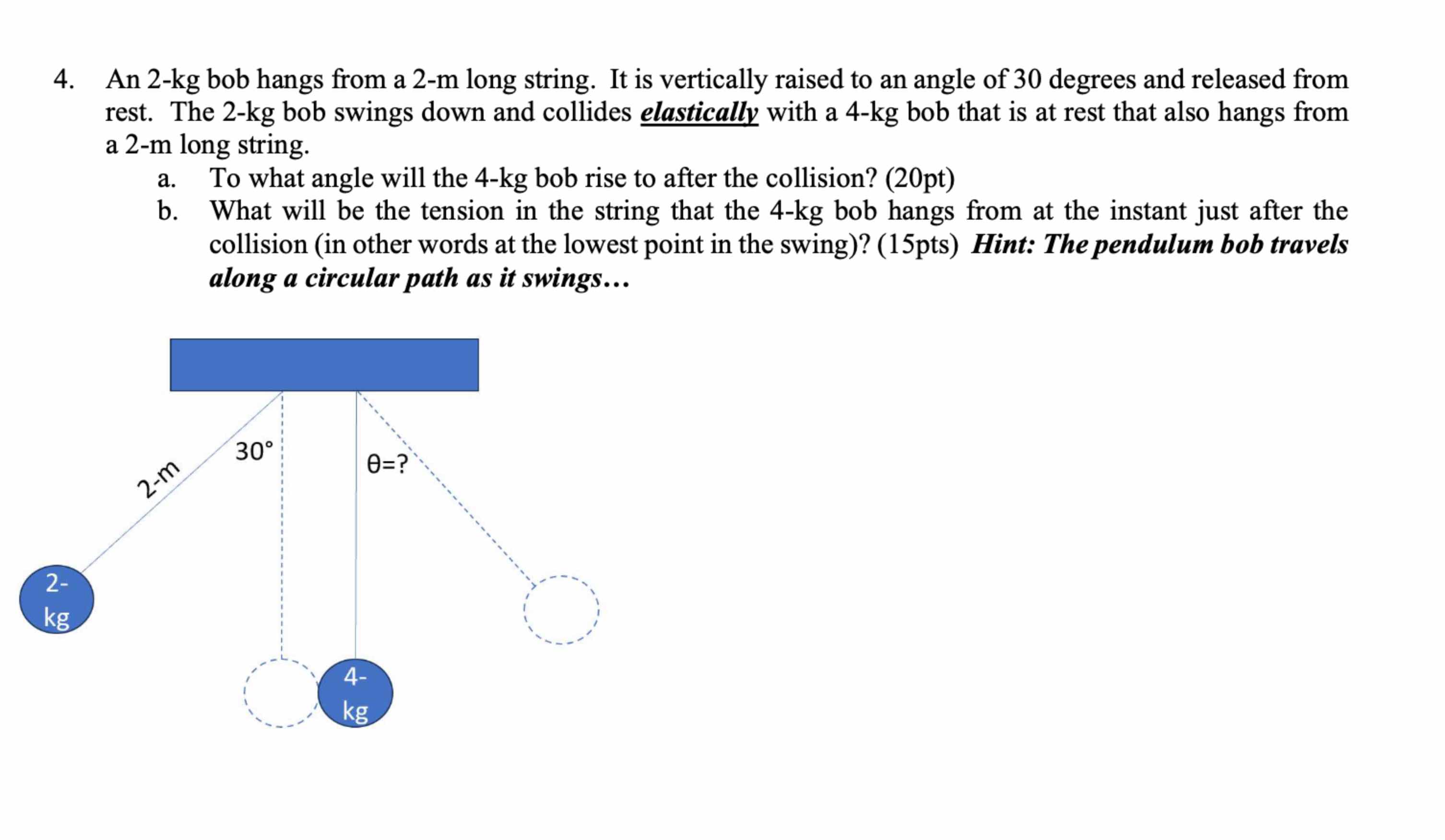 Solved An 2-kg bob hangs from a 2-m long string. It is | Chegg.com