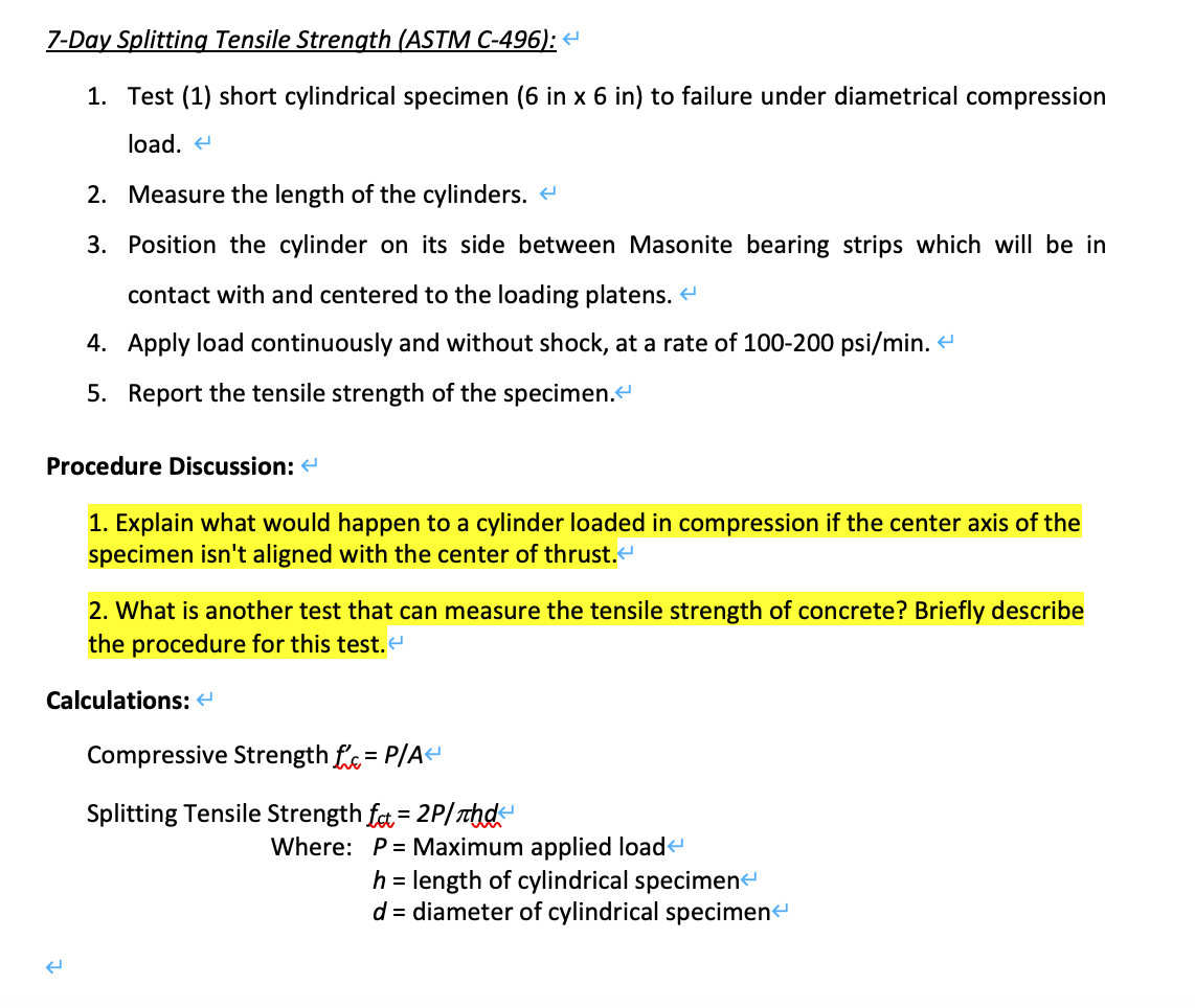 Solved 7-Day Splitting Tensile Strength (ASTM C-496): – 1. | Chegg.com