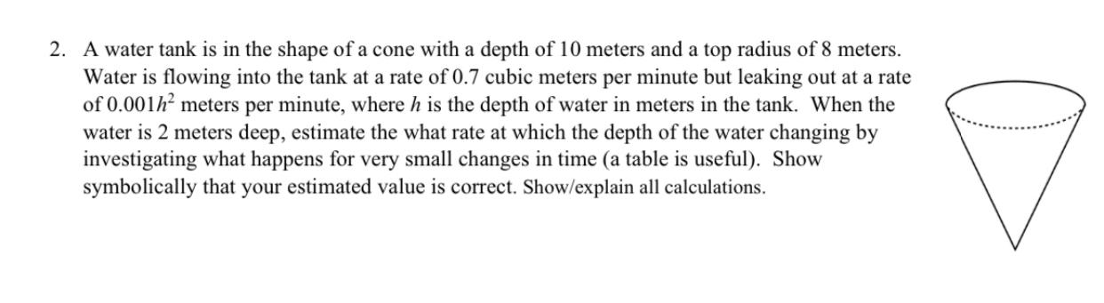 Solved 2. A water tank is in the shape of a cone with a | Chegg.com