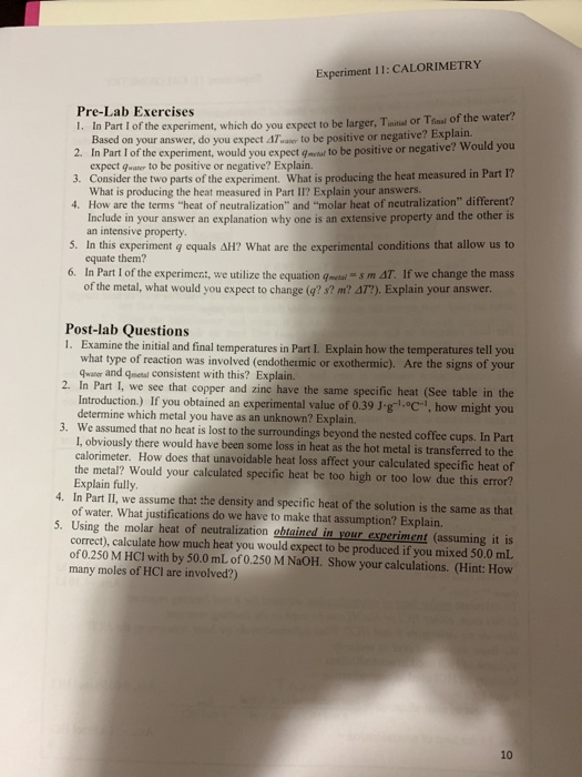 Experiment 11: CALORIMETRY Pre-Lab Exercises I. In | Chegg.com