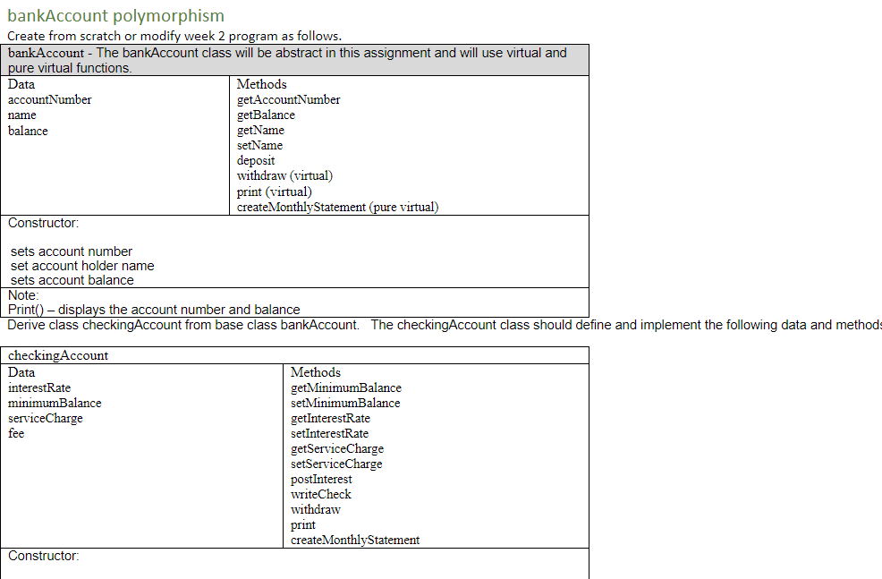 Solved bankAccount polymorphism Create from scratch or | Chegg.com