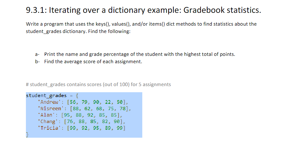 Solved 9.3.1: Iterating over a dictionary example: Gradebook | Chegg.com