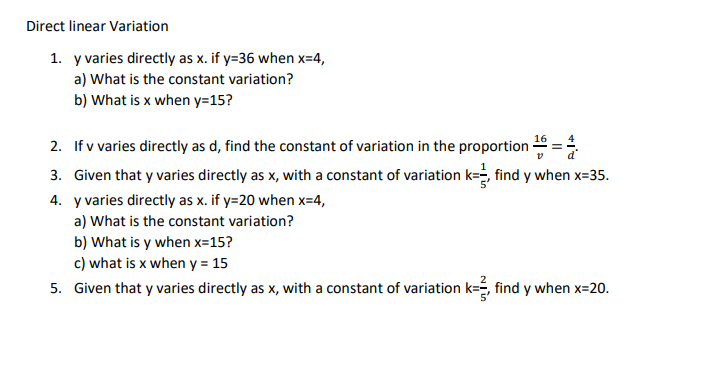Solved 1. y varies directly as x. if y=36 when x=4, a) What | Chegg.com