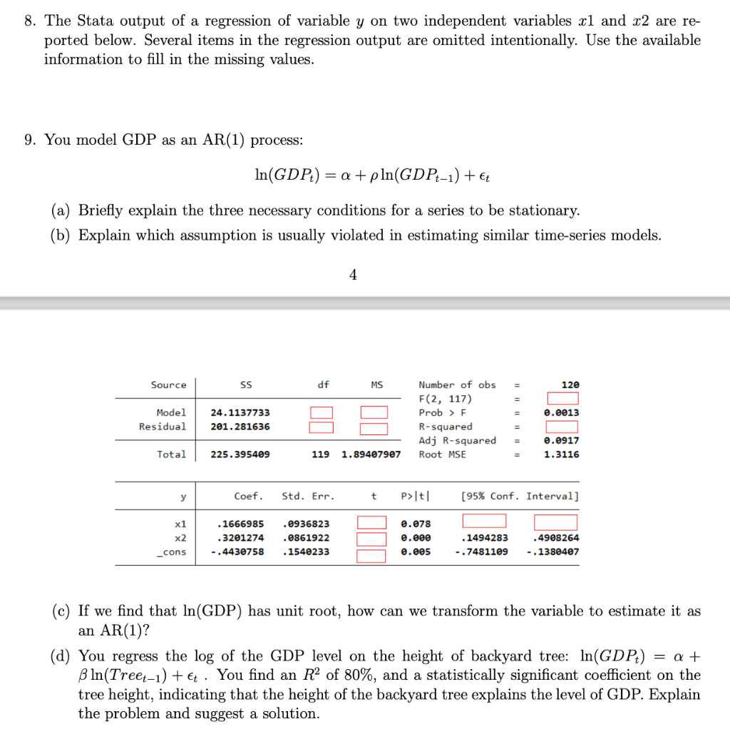 8. The Stata output of a regression of variable y on | Chegg.com