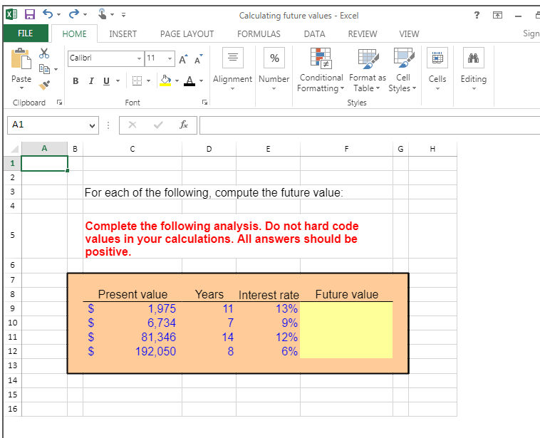 Solved Calculating future values - Excel - FILE HOME INSERT | Chegg.com