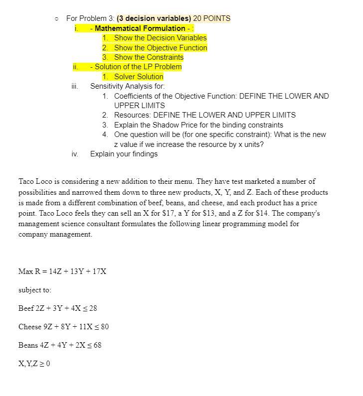 Solved o For Problem 3: (3 decision variables) 20 POINTS - | Chegg.com