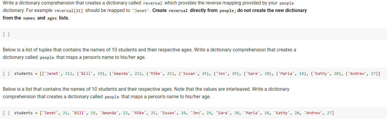 Solved Write a dictionary comprehension that creates a | Chegg.com