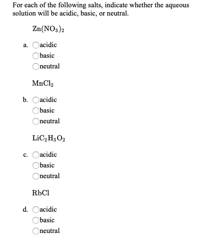 Solved For each of the following salts, indicate whether the | Chegg.com