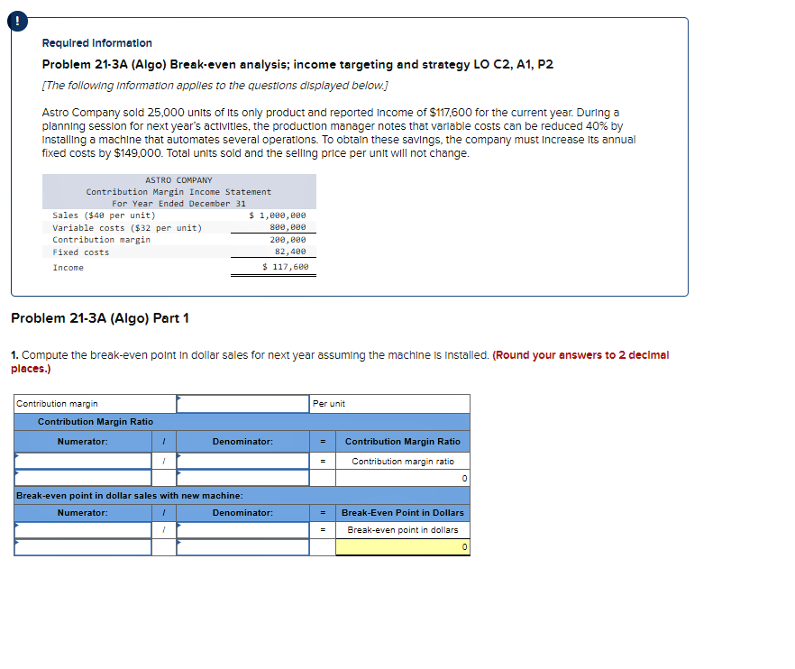Solved Required Information Problem 21-3A (Algo) Break-even | Chegg.com