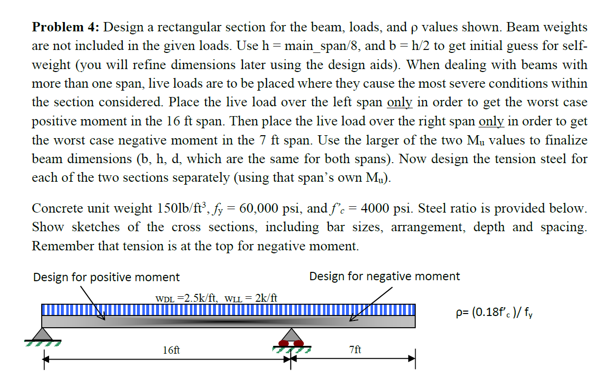 Solved Problem 4: Design a rectangular section for the beam, | Chegg.com