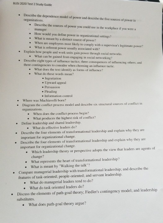 Solved BUSI 2020 Test 2 Study Guide Describe the dependence | Chegg.com