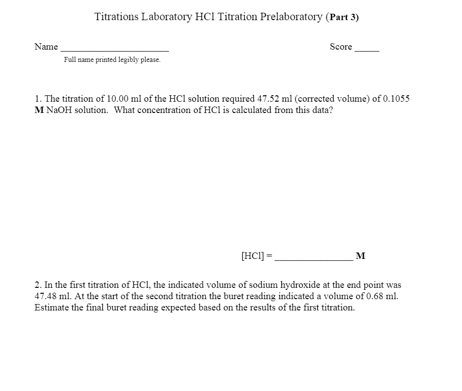 Solved Titrations Laboratory HC1 Titration Prelaboratory | Chegg.com