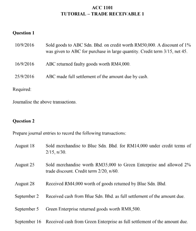 Solved ACC 1101 TUTORIAL - TRADE RECEIVABLE 1 Question 1 | Chegg.com