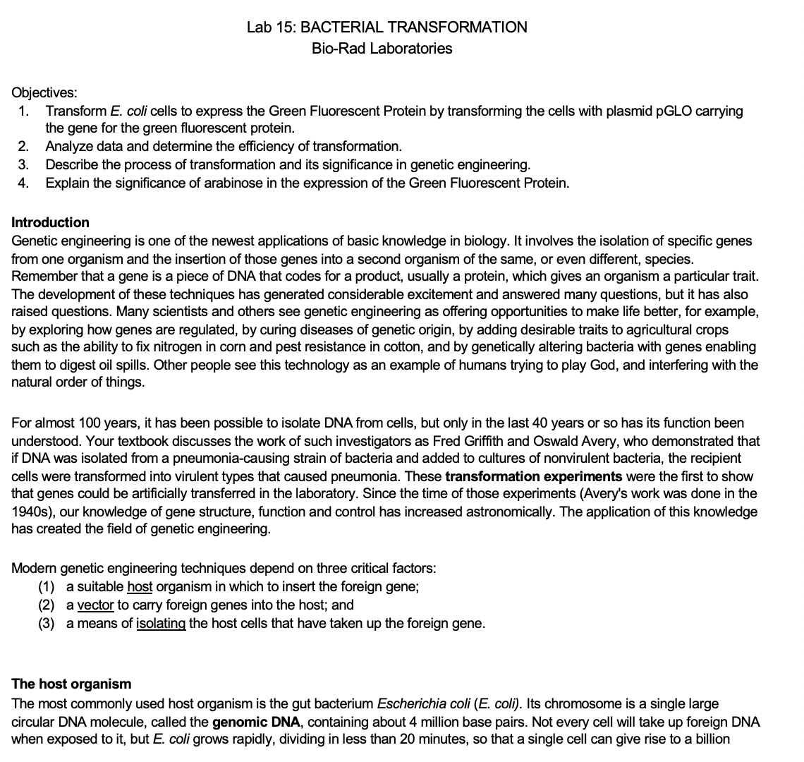 Solved Objectives: 1. Transform E. coli cells to express the | Chegg.com