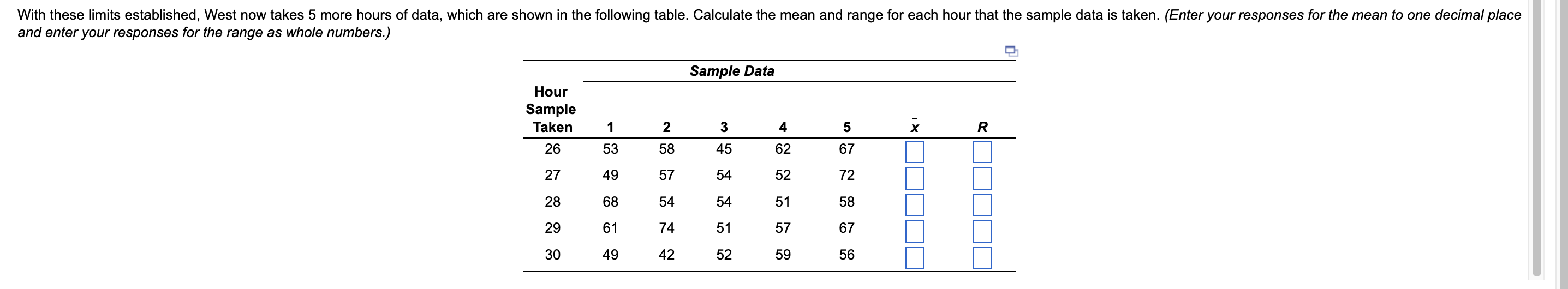 Solved Are the processes for the X chart in control or out | Chegg.com