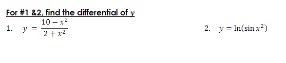Solved For \# 1 \&2, find the differential of y 1. | Chegg.com