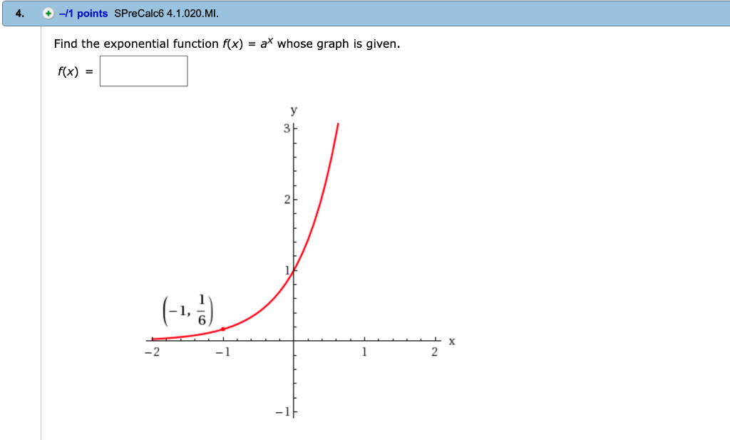 Solved -1 points SPreCalc6 4.1.020.MI Find the exponential | Chegg.com