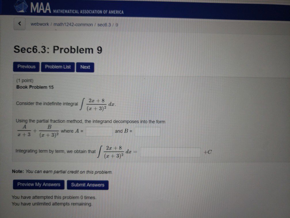 Solved MAA MATHEMATICAL ASSOCIATION OF AMERICA webwork/ | Chegg.com